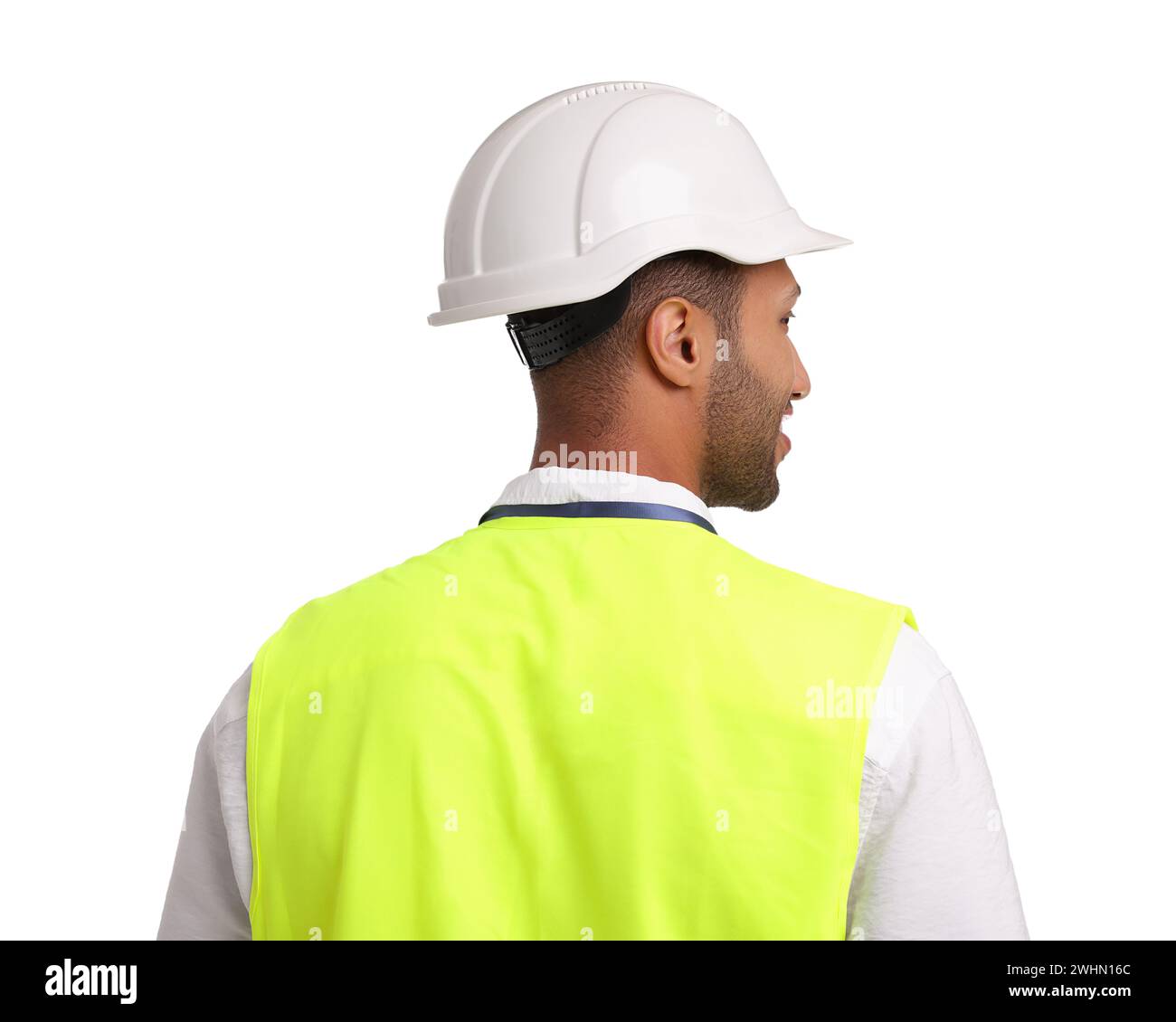 Engineer in hard hat on white background, back view Stock Photo - Alamy