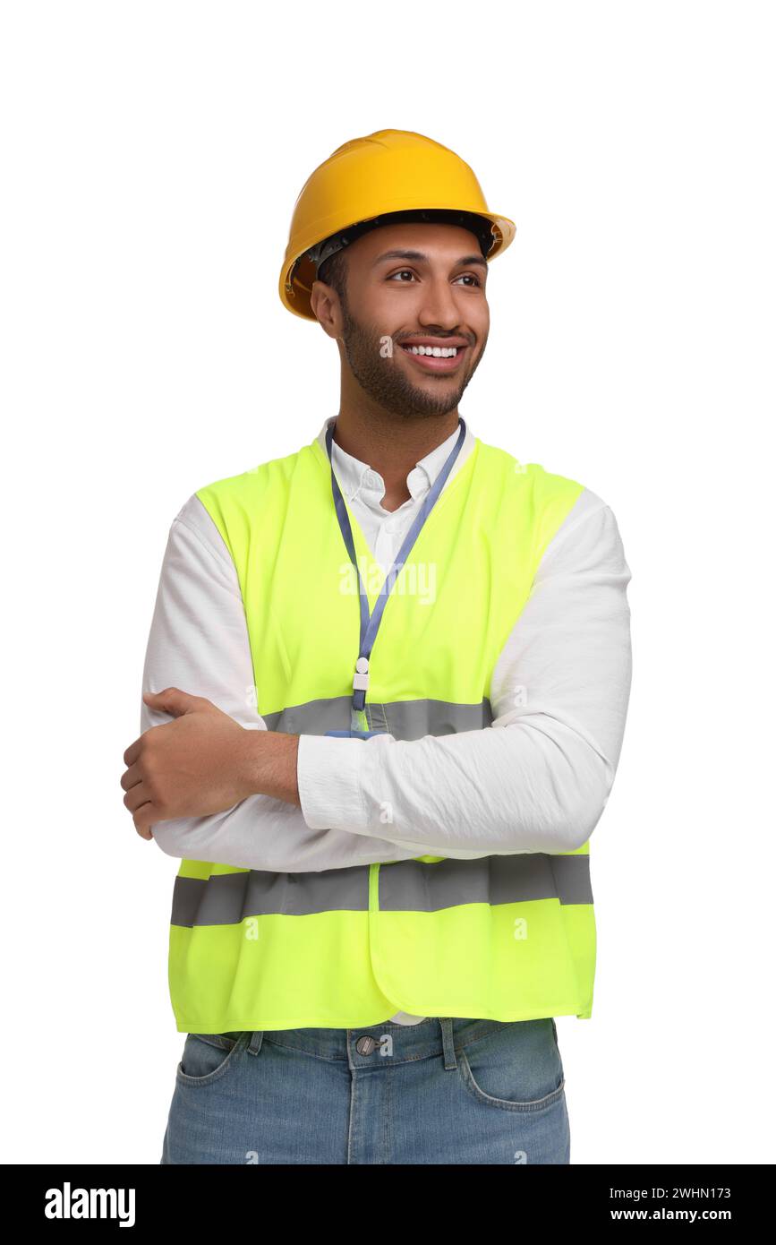 Engineer in hard hat on white background Stock Photo - Alamy