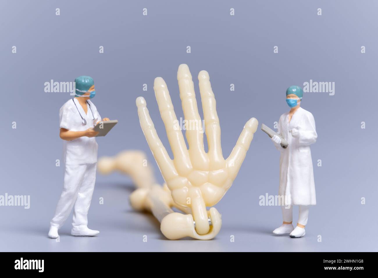 Miniature people Doctor with a giant human bone on a grey background ...