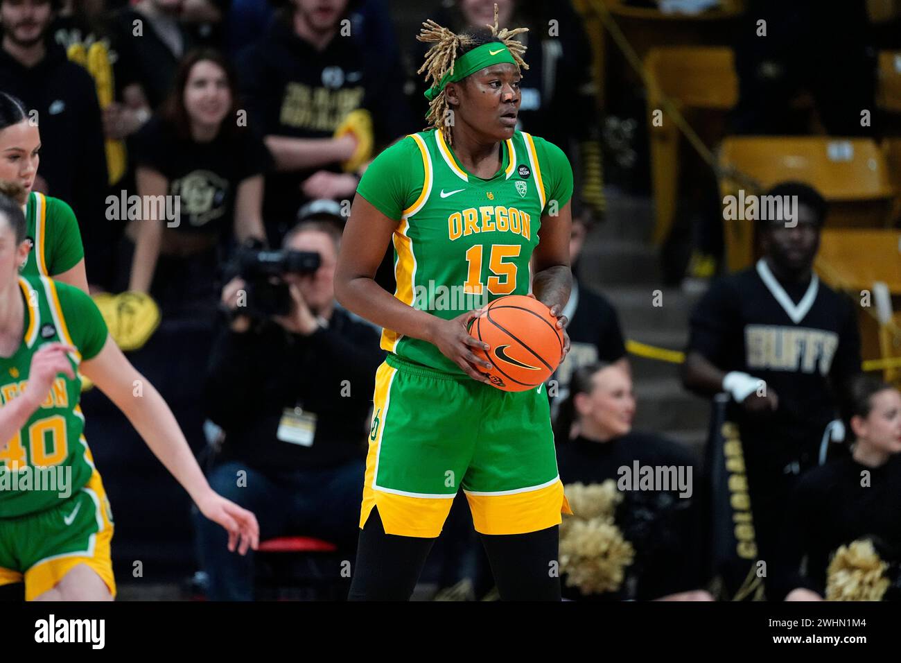 Oregon center Phillipina Kyei (15) in the first half of an NCAA college ...
