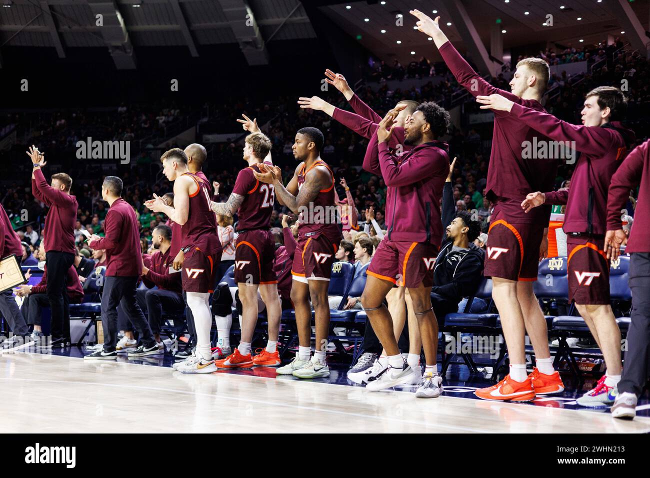 South Bend, Indiana, USA. 10th Feb, 2024. Virginia Tech bench players ...