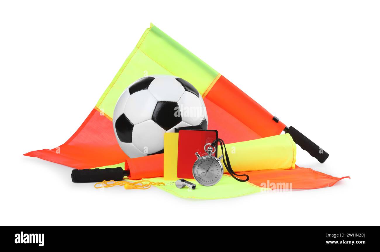 Football referee equipment. Soccer ball, flags, stopwatch, cards and ...
