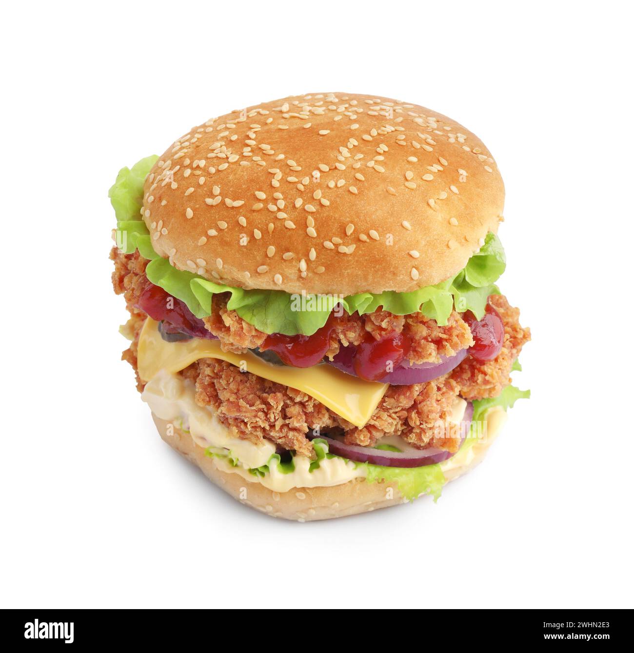 Delicious burger with crispy chicken patty isolated on white Stock ...