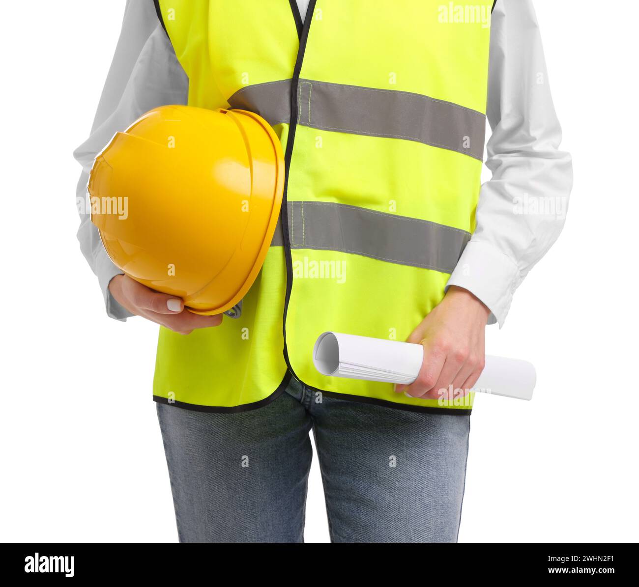 Engineer with hard hat and draft on white background, closeup Stock ...