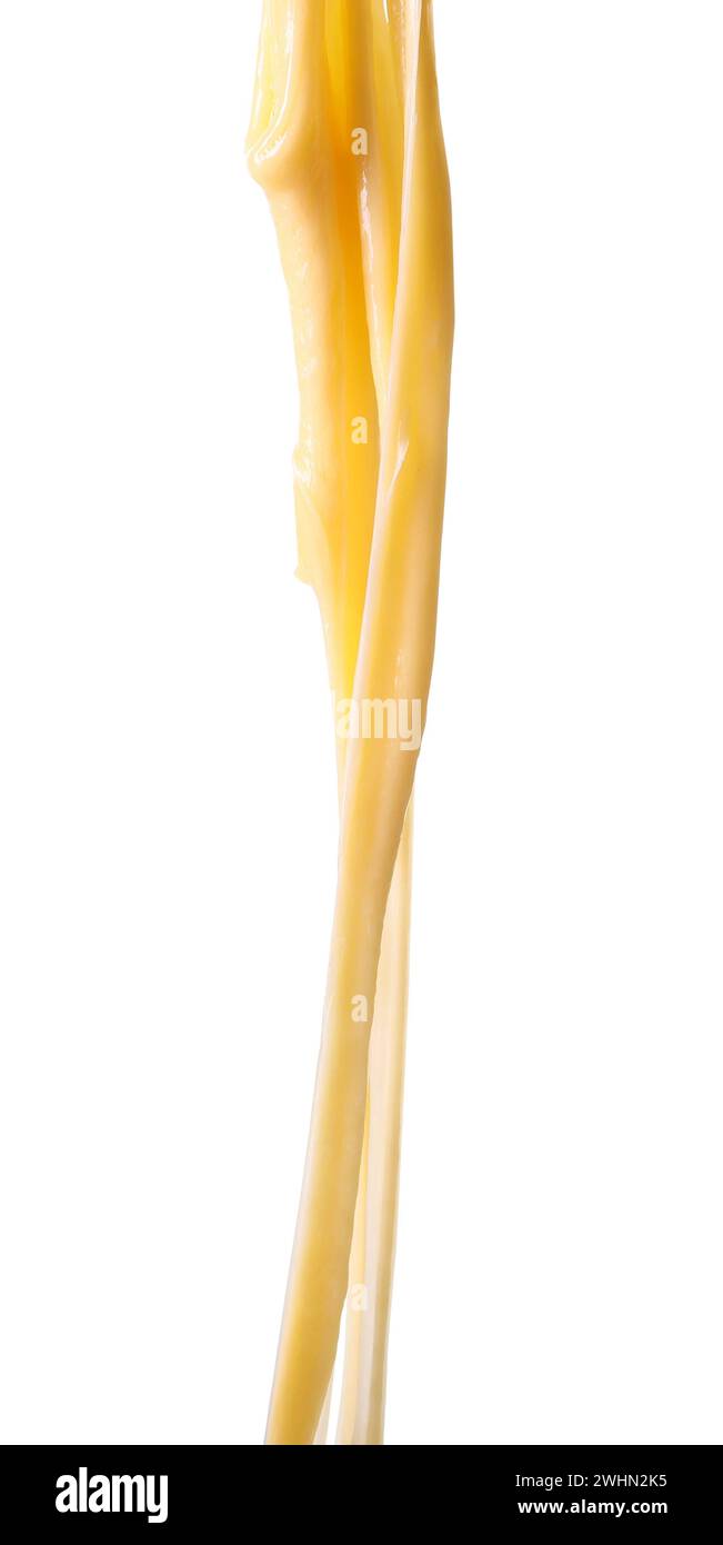 Stretching delicious melted cheese isolated on white Stock Photo - Alamy