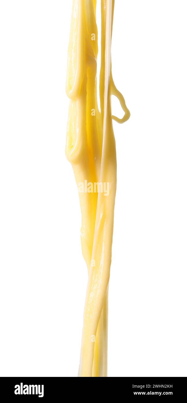 Stretching delicious melted cheese isolated on white Stock Photo - Alamy
