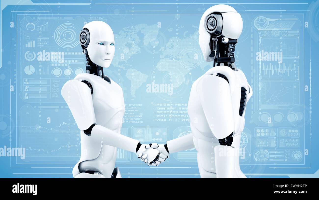 XAI 3d illustration humanoid robot handshake to collaborate future technology development by AI ...