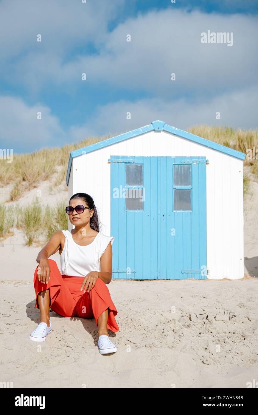 White blue house on the beach Texel Netherlands, beach hut on the Dutch ...