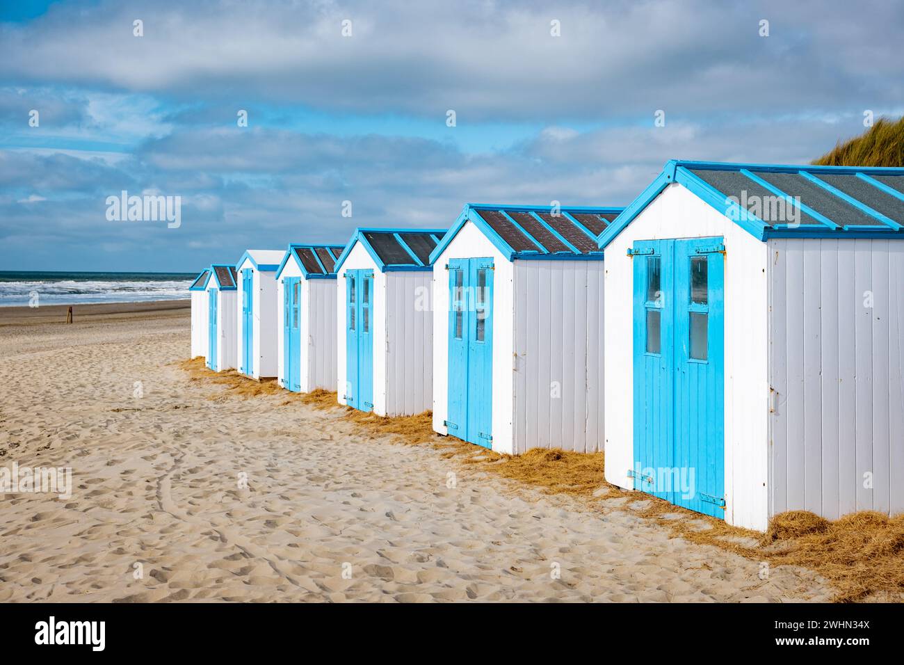 White blue house on the beach Texel Netherlands, beach hut on the Dutch ...