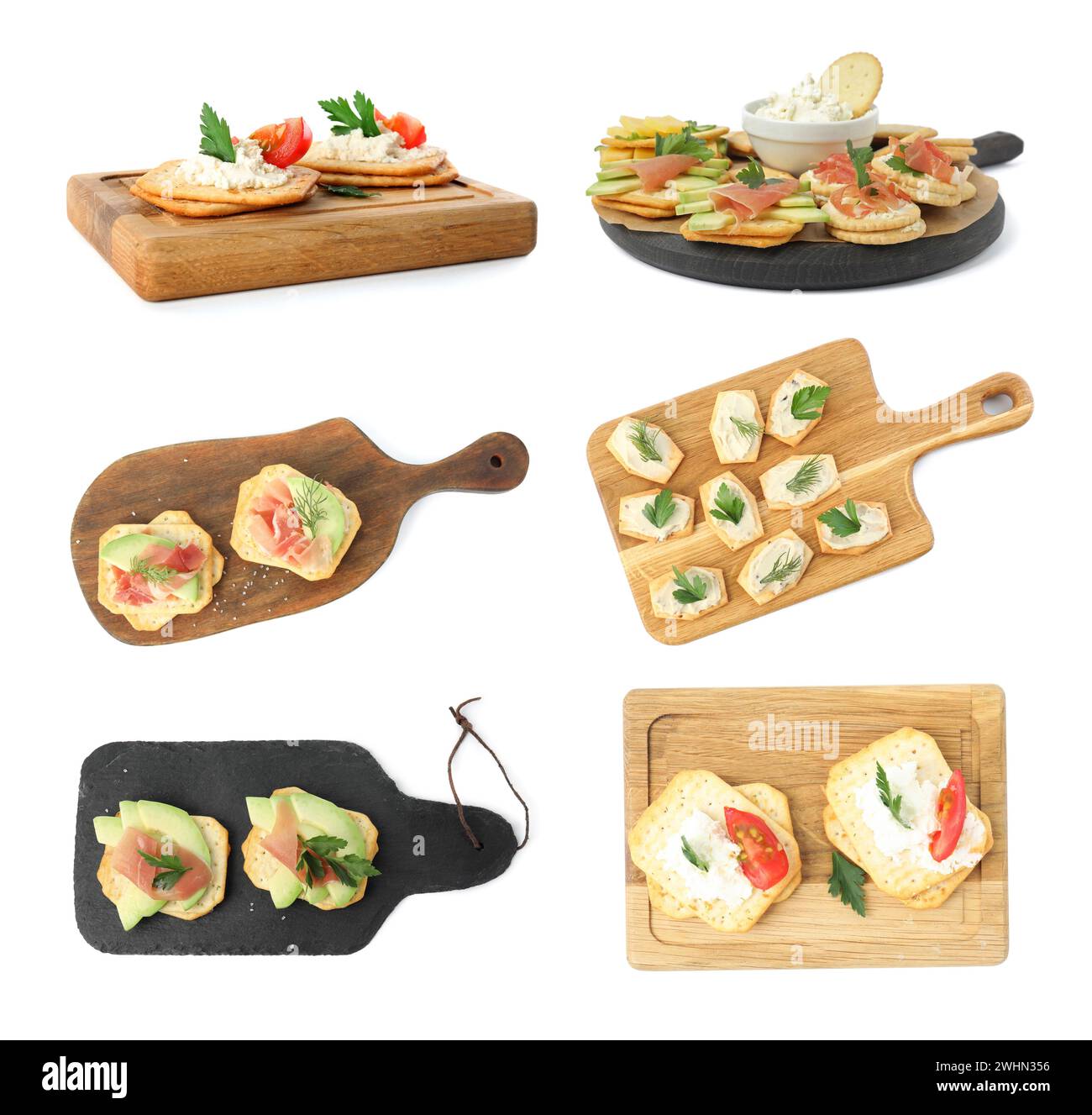 Delicious crackers with different toppings isolated on white, set Stock ...