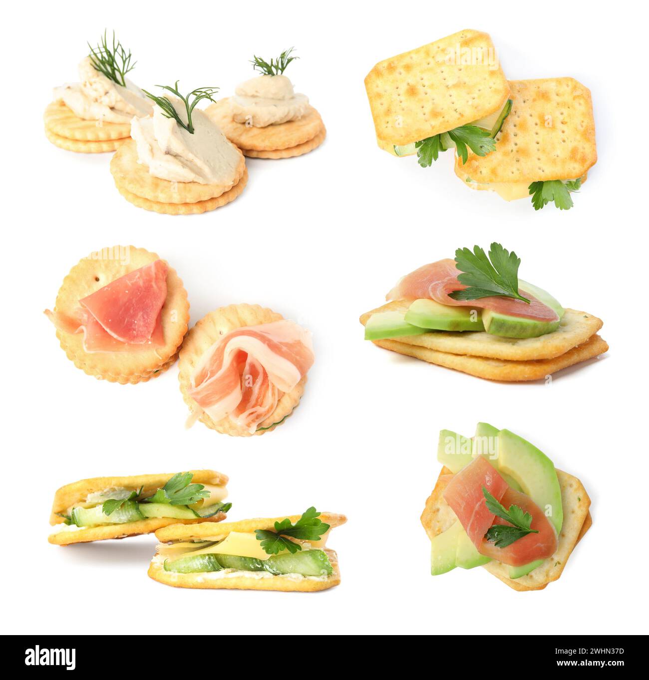 Delicious crackers with different toppings isolated on white, set Stock ...