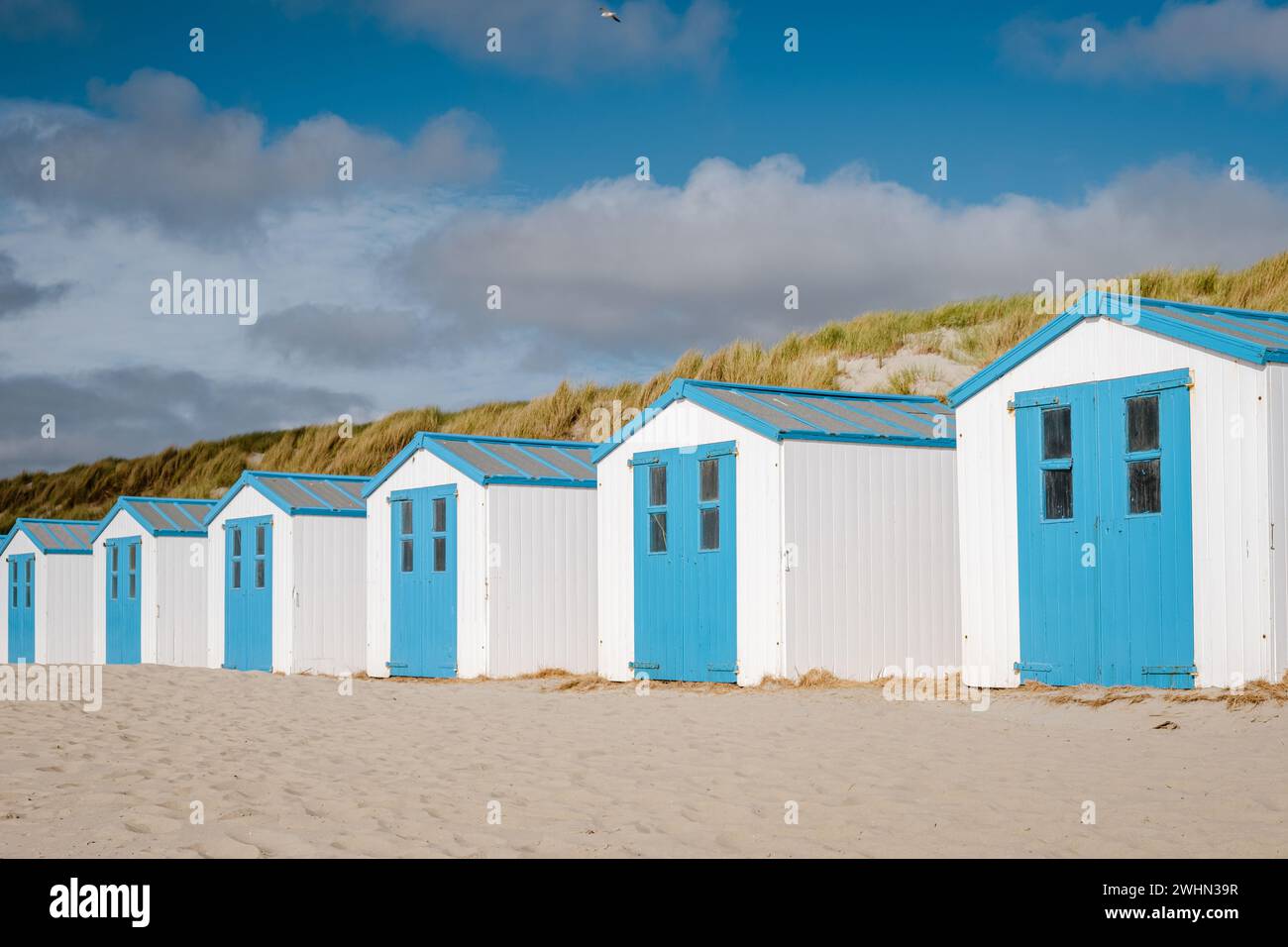 White blue house on the beach Texel Netherlands, beach hut on the Dutch ...