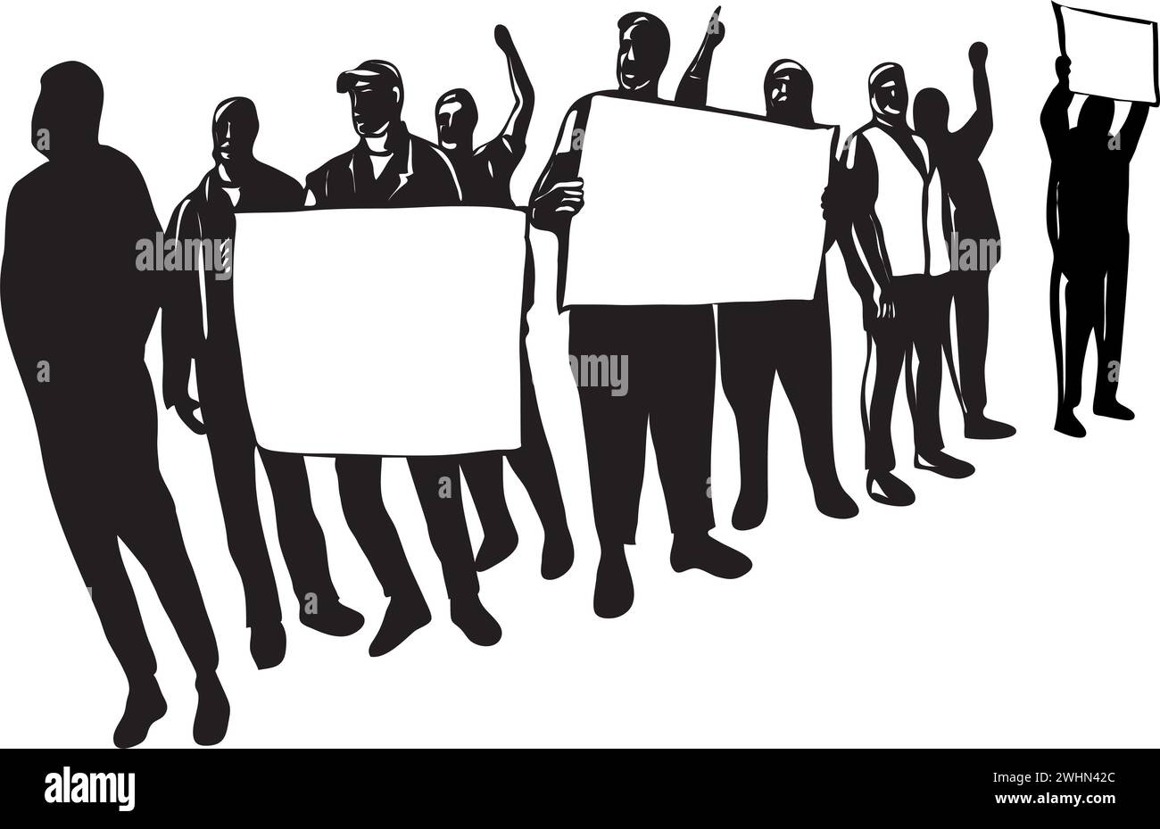 Group of Protesters Holding Signs Retro Woodcut Stock Photo - Alamy