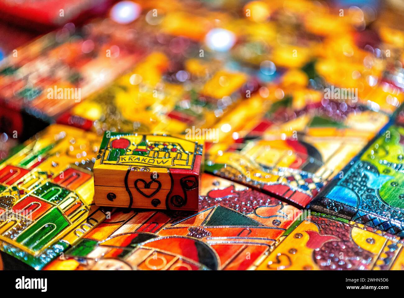 little colorful wooden boxes on a market in Krakow in Poland Stock ...