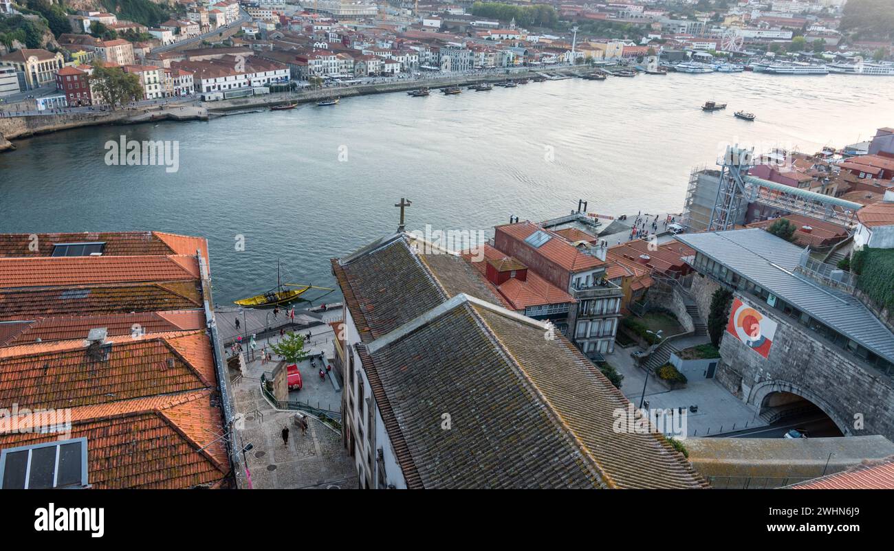 Stunning view of the Porto old town from above, red and orange tiled ...