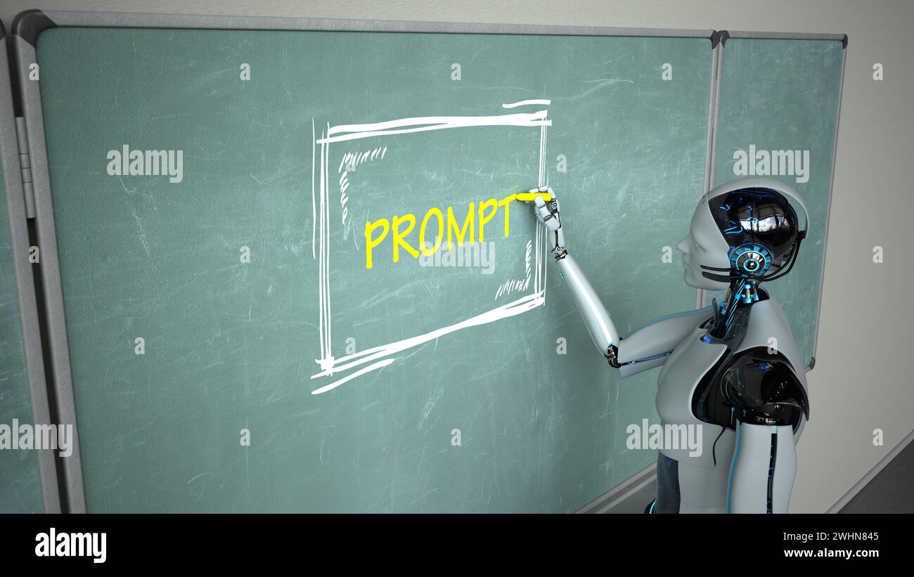 Humanoid robot teacher write the word Prompt on the chalkboard. 3d ...