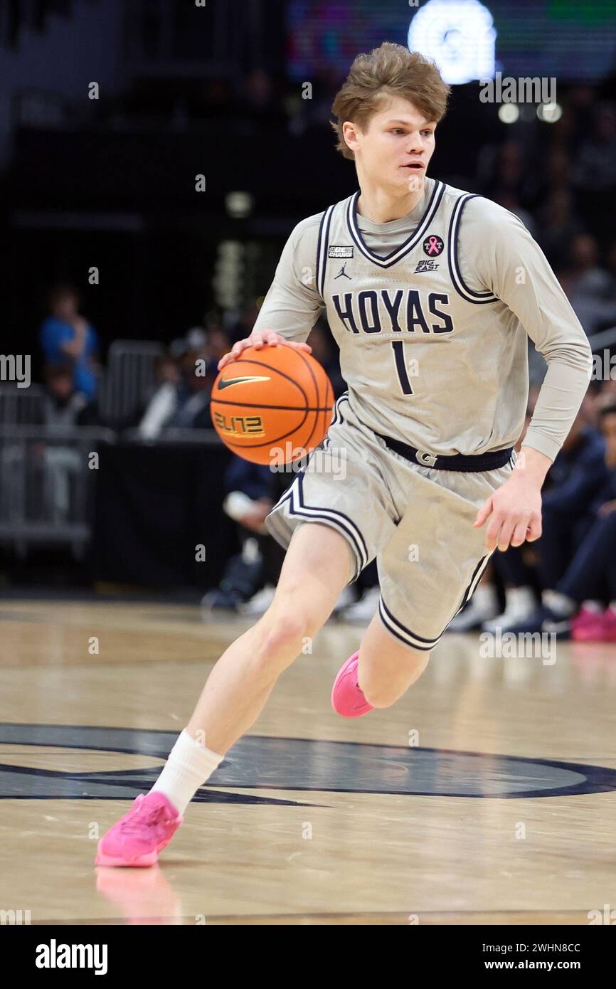 February 10, 2024: Georgetown Hoyas guard Rowan Brumbaugh (1) dribbles ...