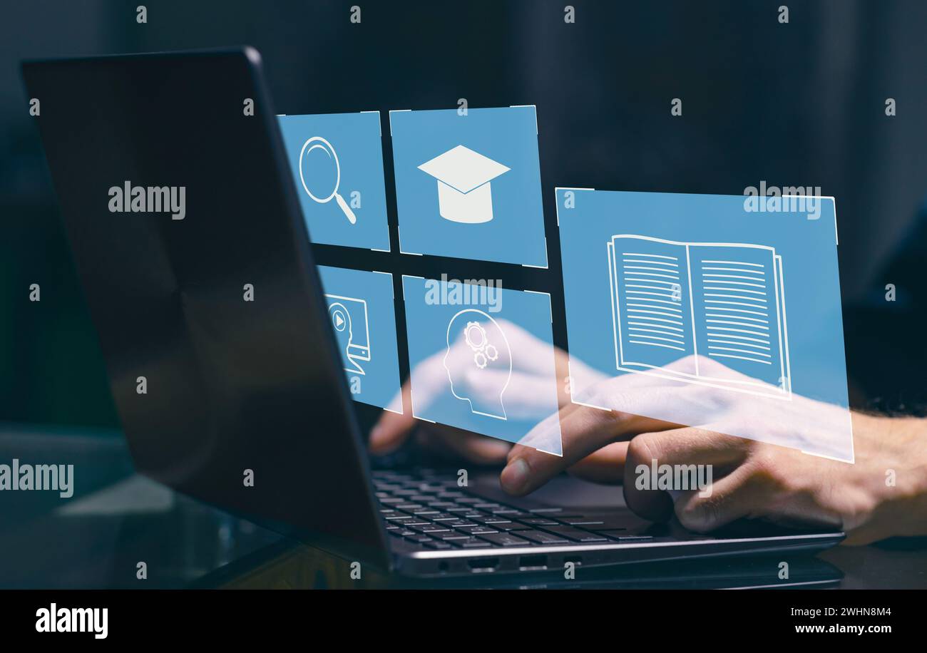 E-learning and Online Education concept. Male student learning lesson ...