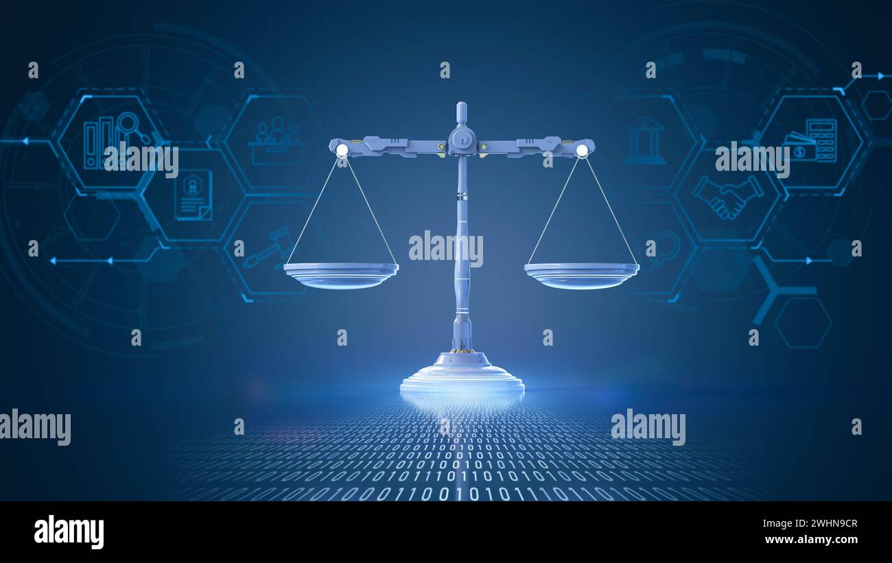 3d rendering blue law scale with graphic interface display Stock Photo ...
