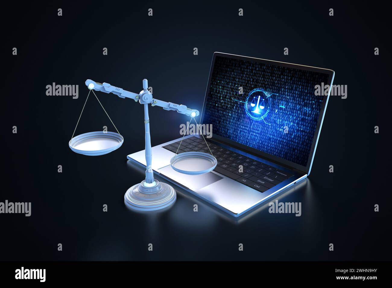3d rendering blue law scale with graphic interface display Stock Photo ...