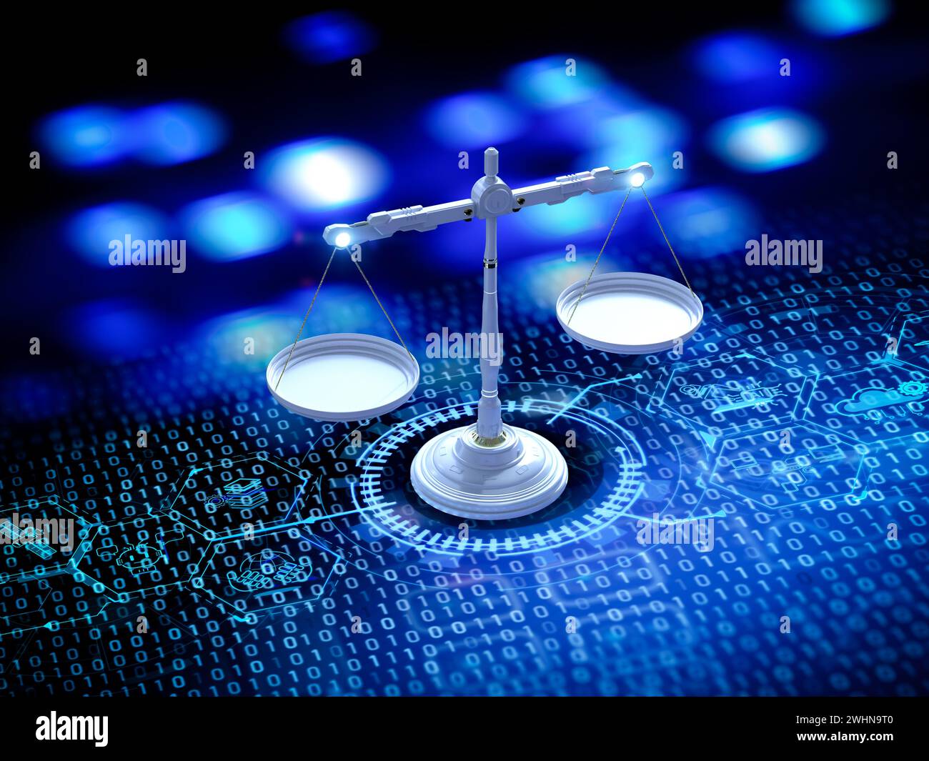 3d rendering blue law scale with graphic interface display Stock Photo ...