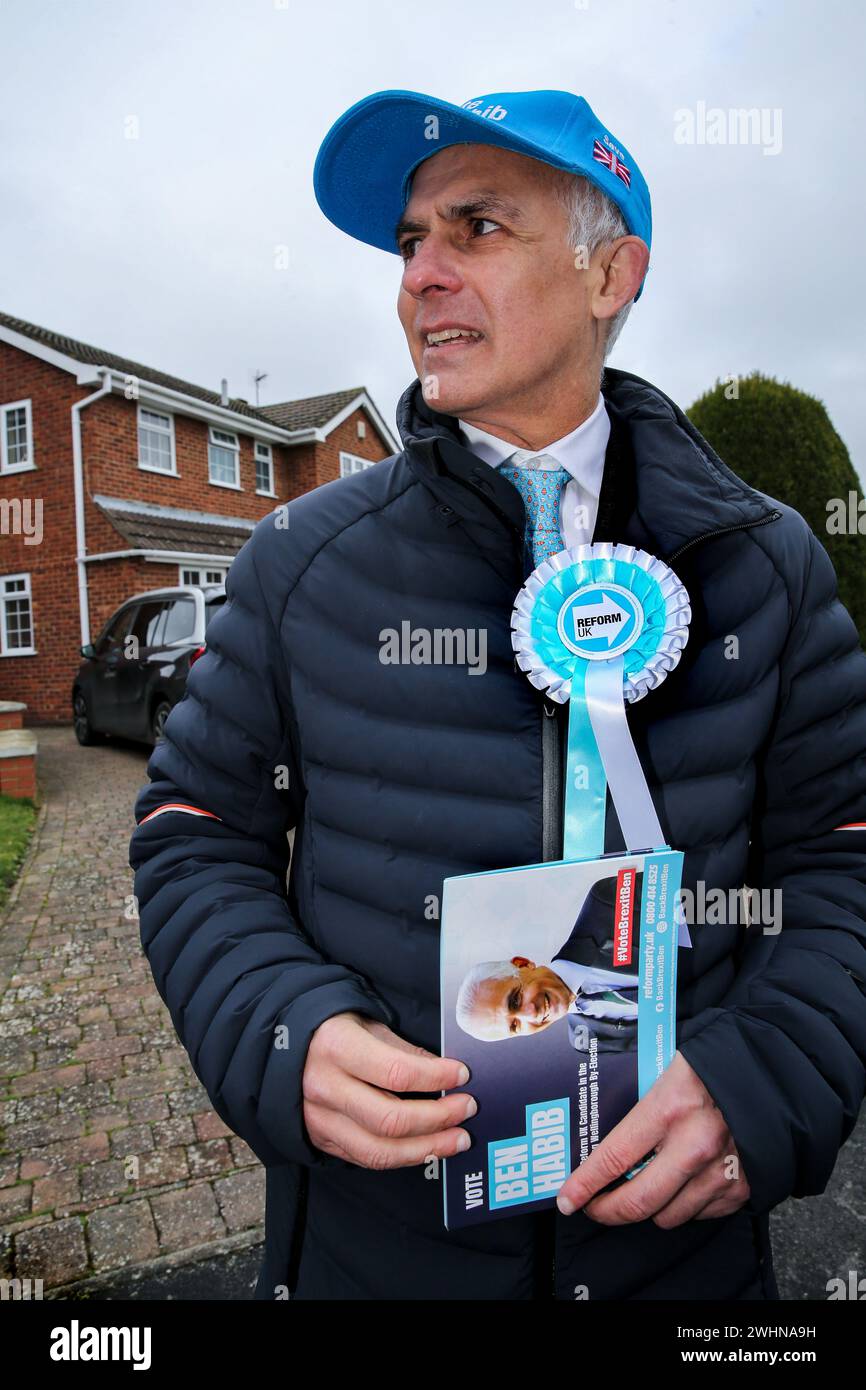 Wellingborough, UK. 10th Feb, 2024. Ben Habib holds a pile of 'Vote Ben ...