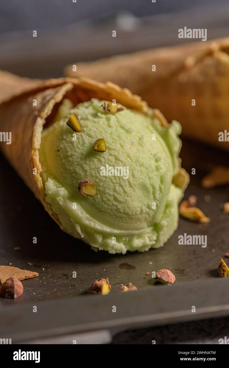 Pistachio ice cream in waffle cones Stock Photo - Alamy