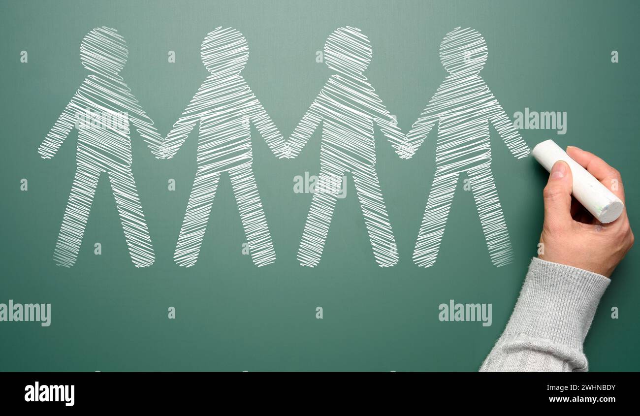 White chalk-drawn figures on a green chalkboard, representing the ...