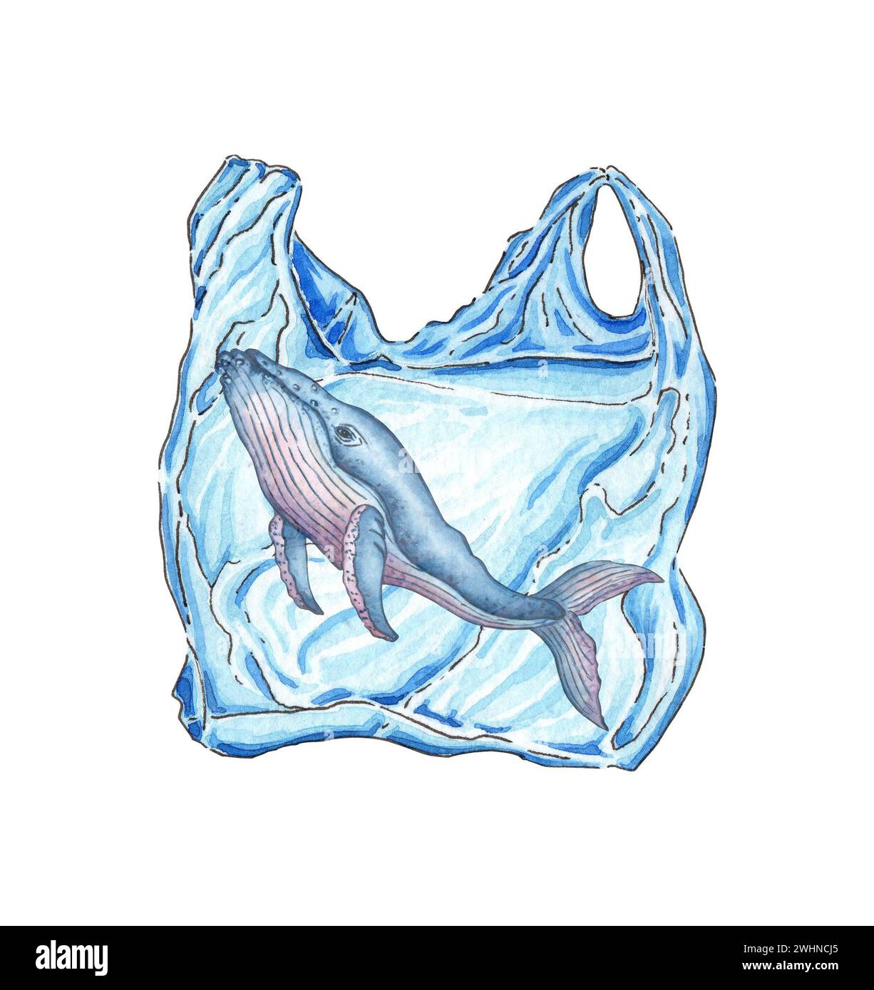 Watercolor illustration of a whale inside a plastic bag. Poster about ...