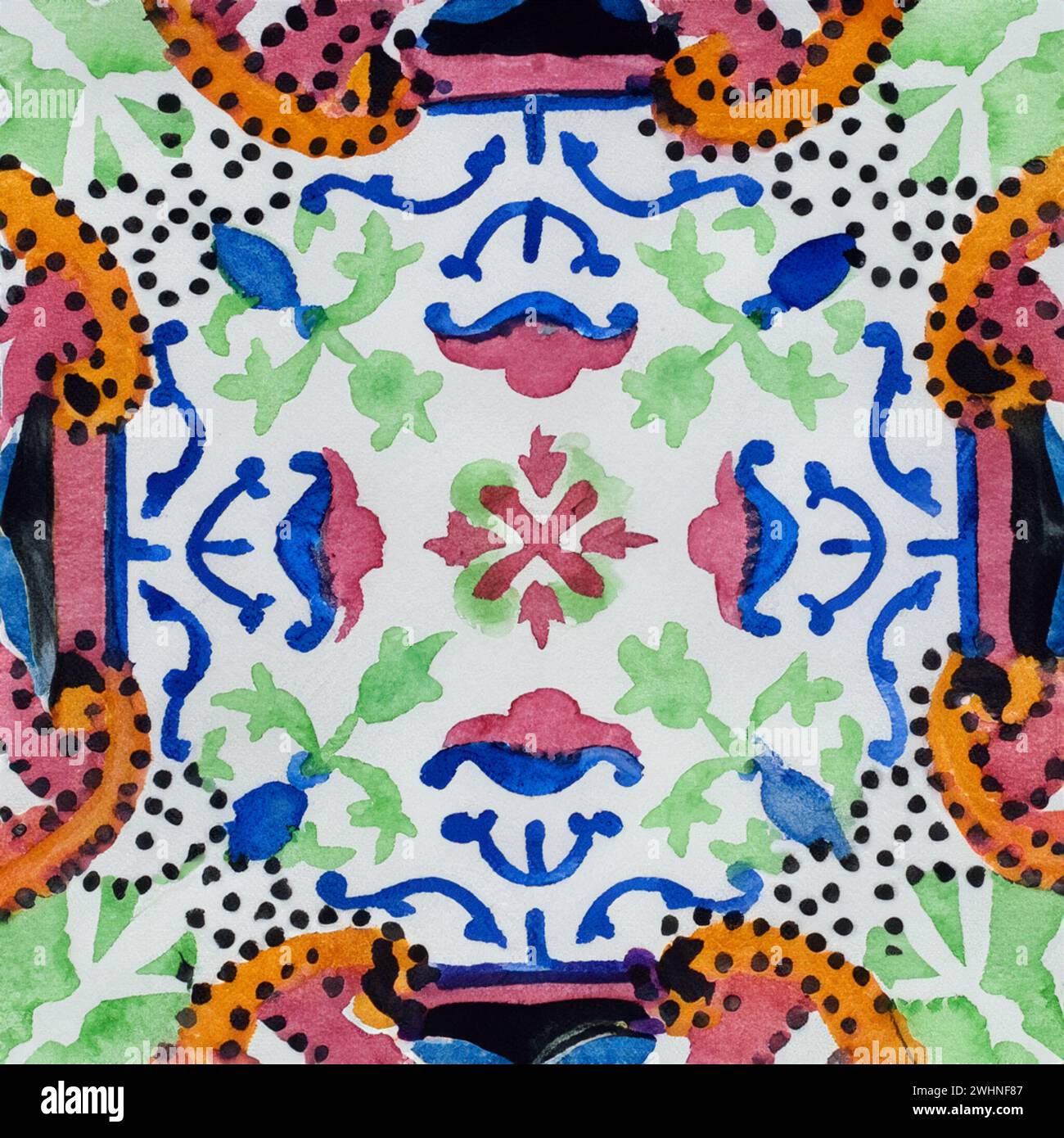 Watercolor illustration of portuguese ceramic tiles pattern Stock Photo ...