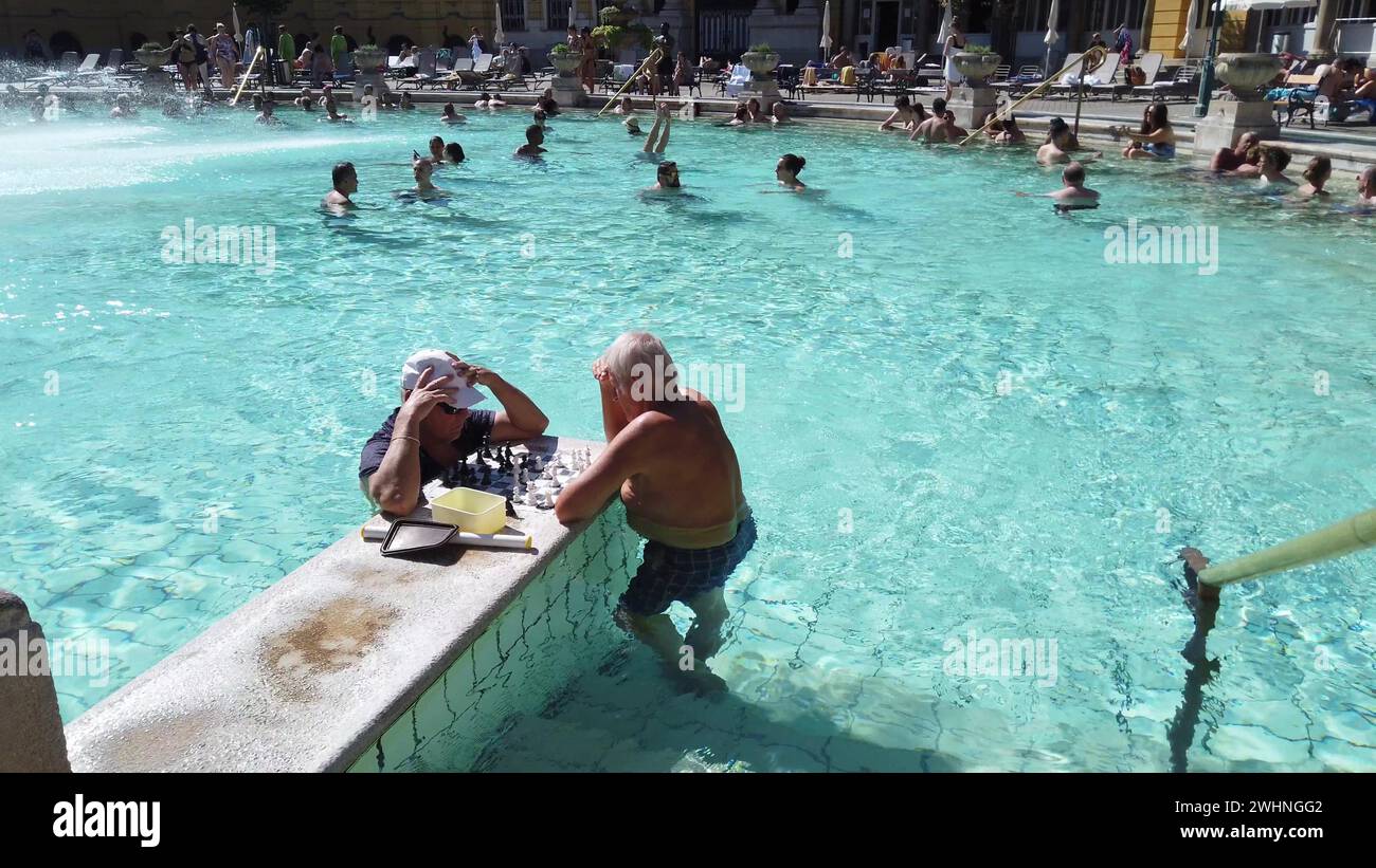 BUDAPEST, HUNGARY October 2019. Men playing chess at Szechenyi Baths ...