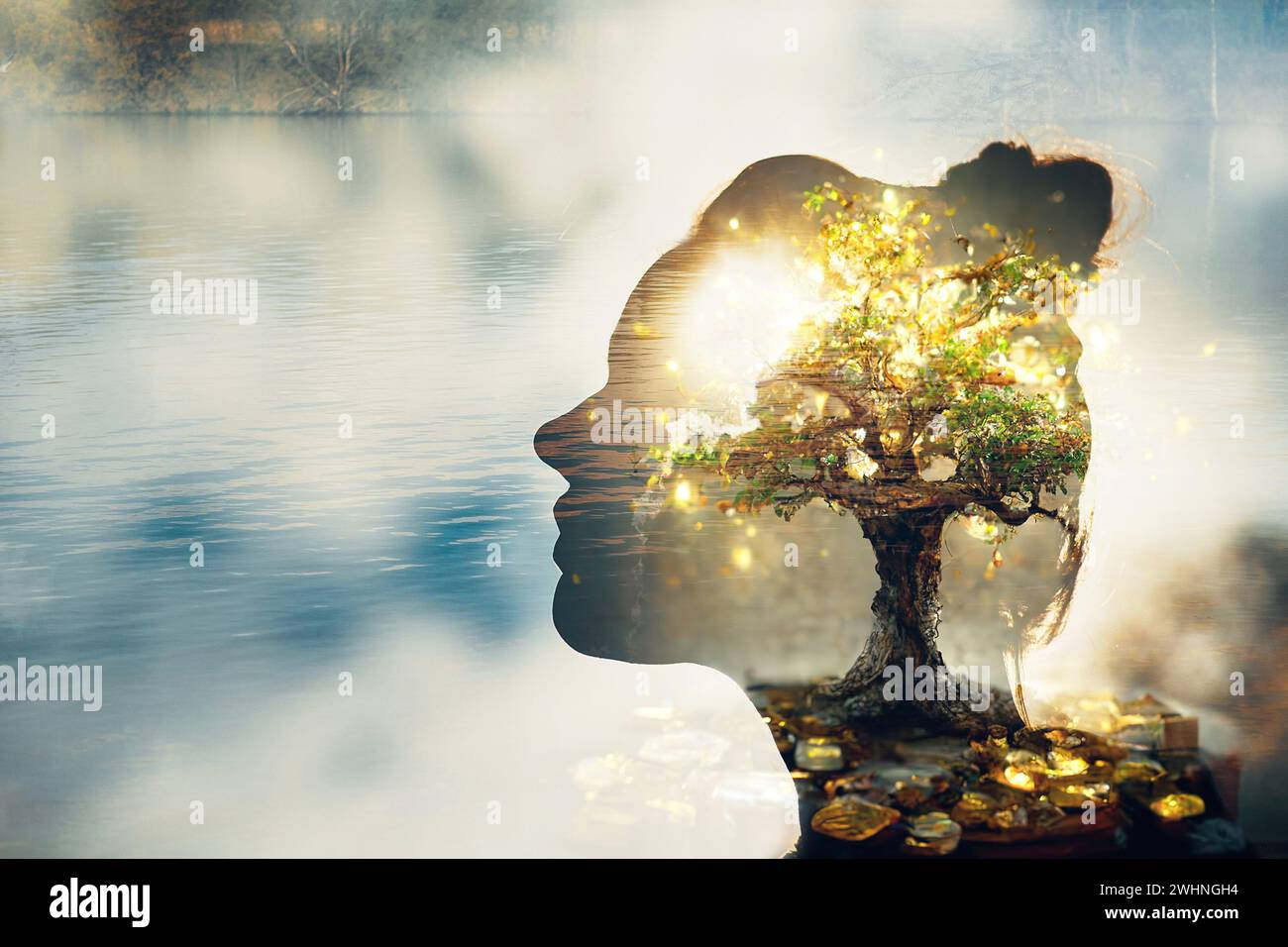 Silhouette of rich successful business woman with gold money tree and ...