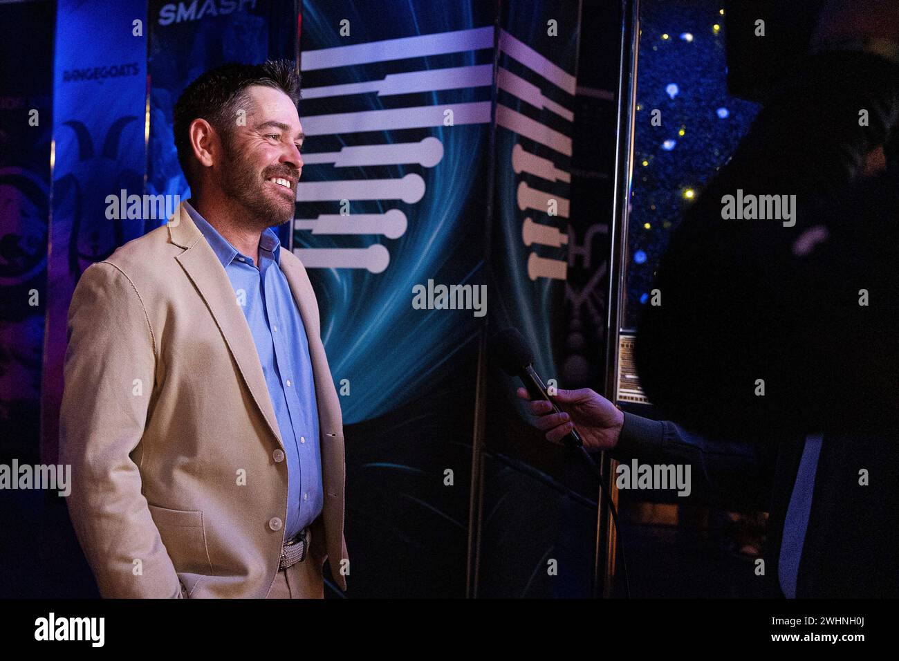 Captain Louis Oosthuizen of Stinger GC speaks at an interview during ...