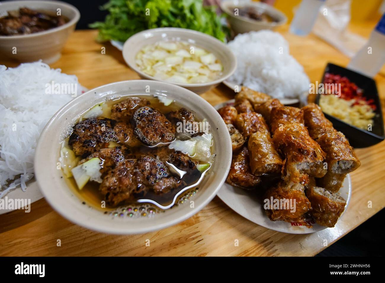 Vietnamese dish of grilled pork and noodle (Bun Cha) at Hanoi, Vietnam ...