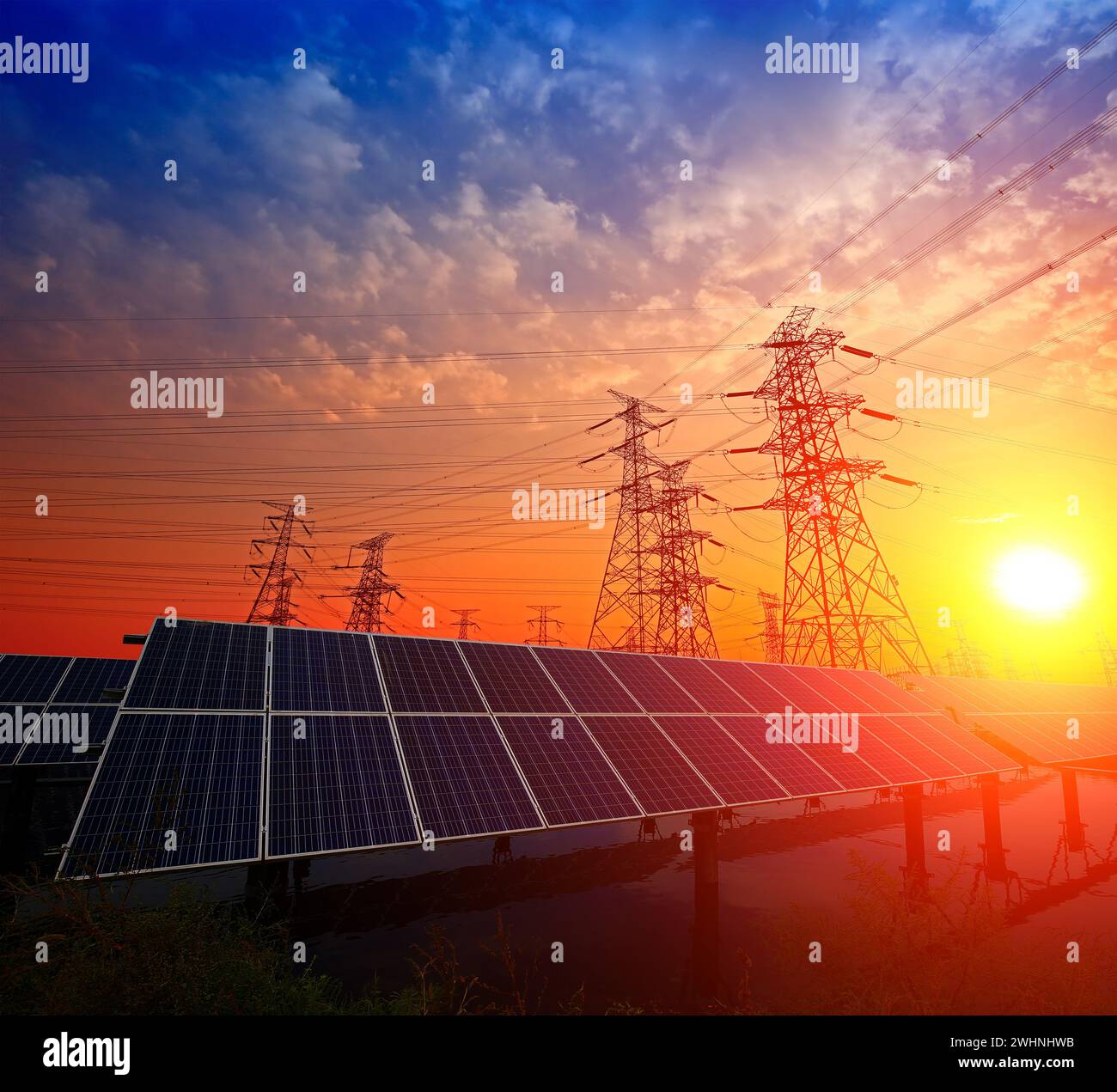 Solar panels and pylon Stock Photo - Alamy