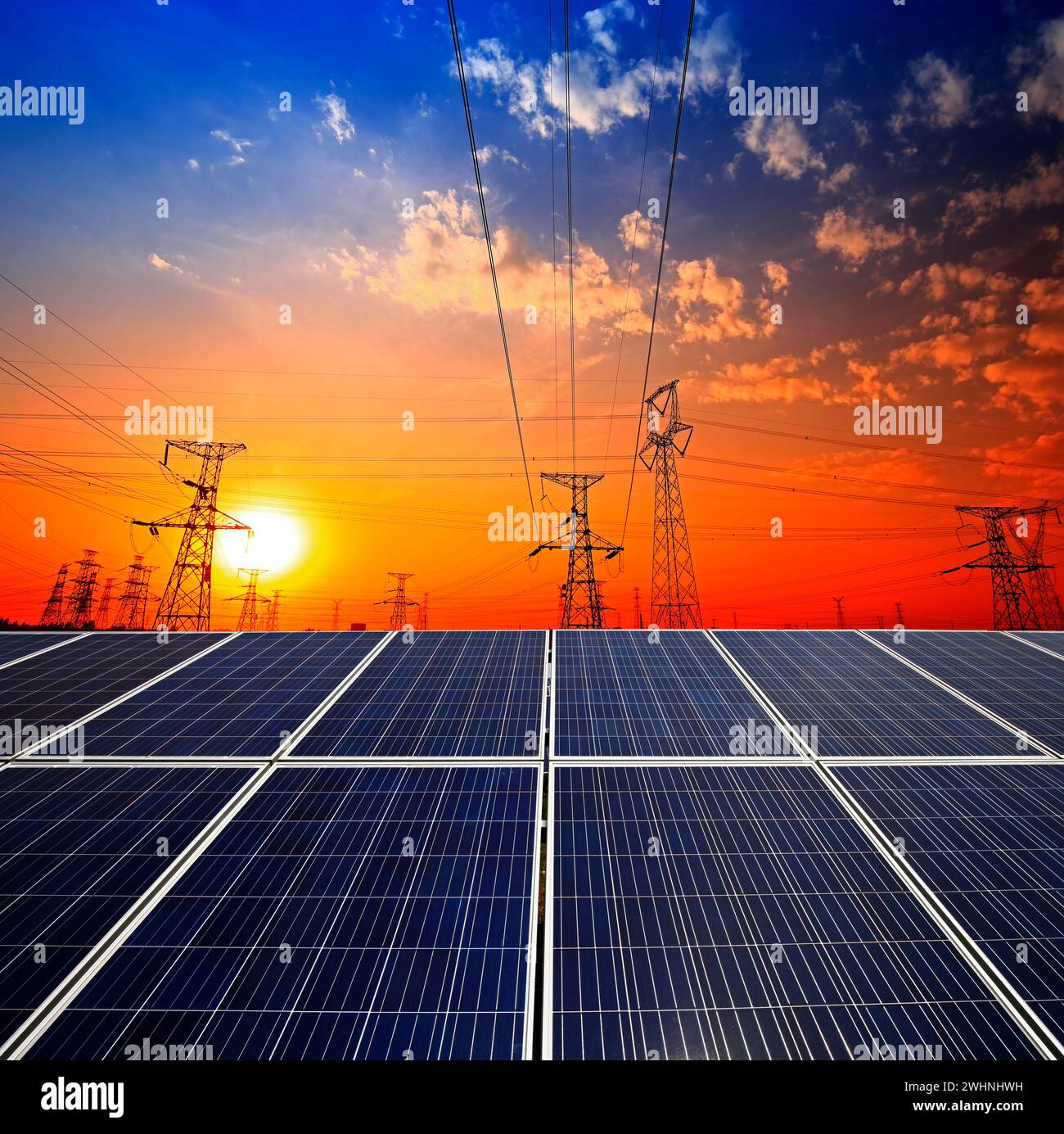 Solar panels and electrical towers, power equipment Stock Photo - Alamy