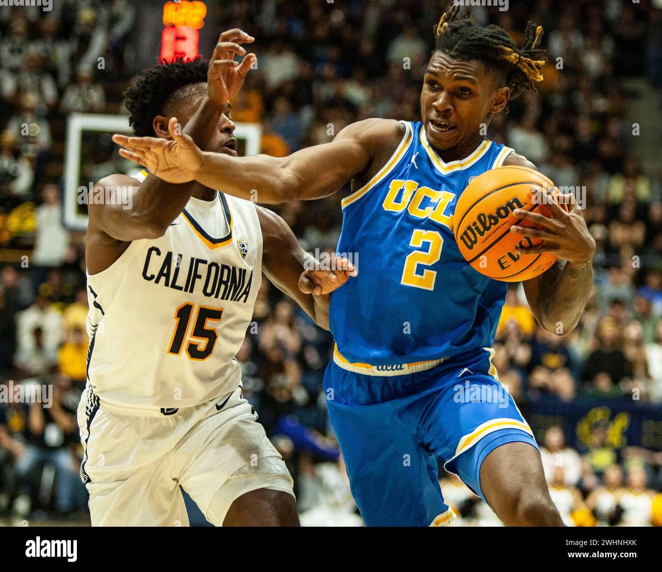 February 10 2024 Berkeley, CA U.S.A. UCLA guard Dylan Andrews (2)drives ...