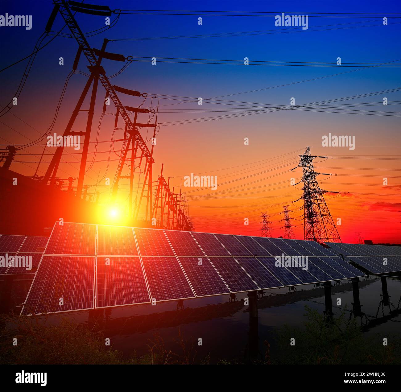 Solar panels and pylon Stock Photo - Alamy