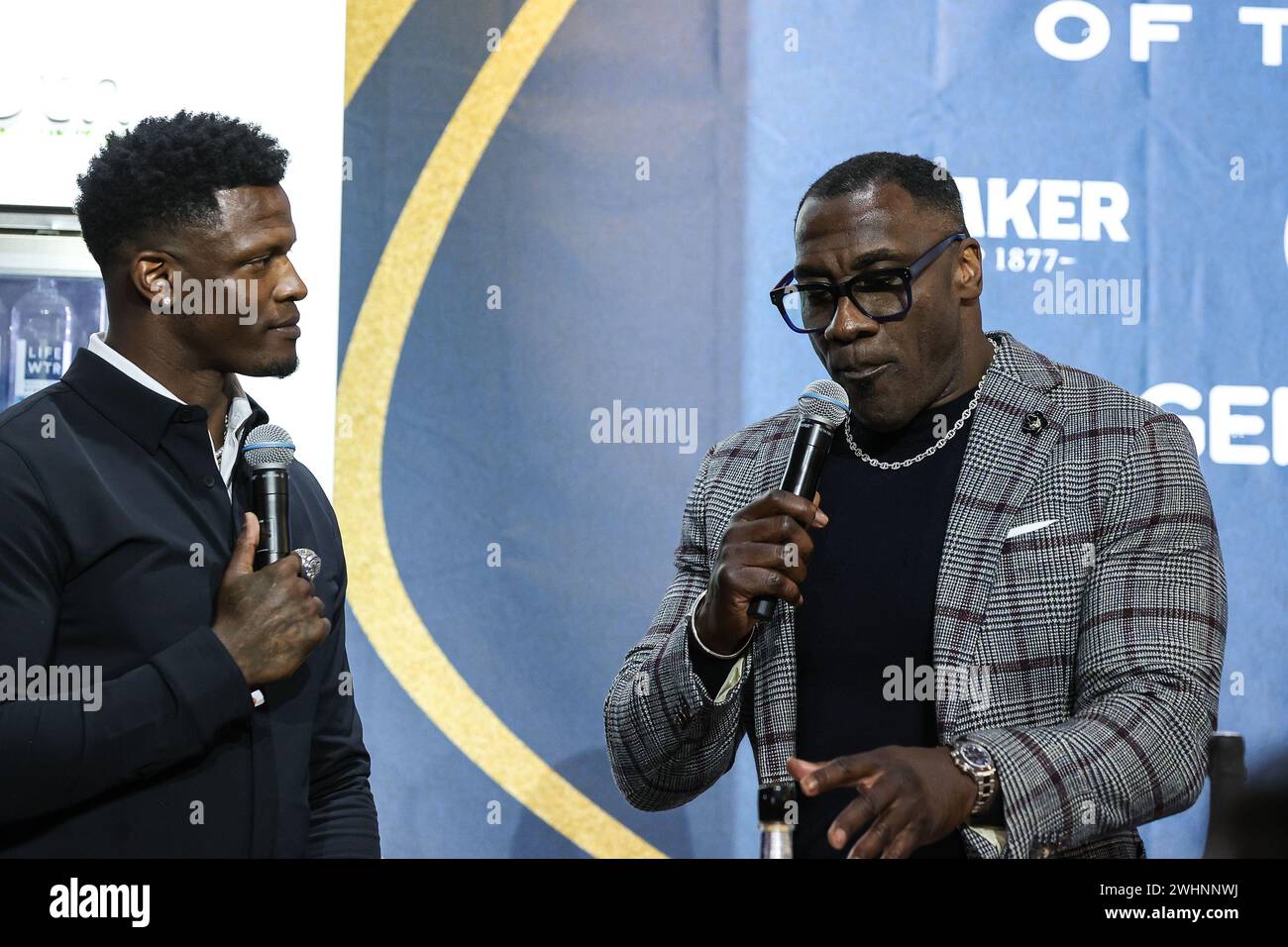 February 10, 2024: (L-R) Retired NFL player Will Blackmon interviews ...