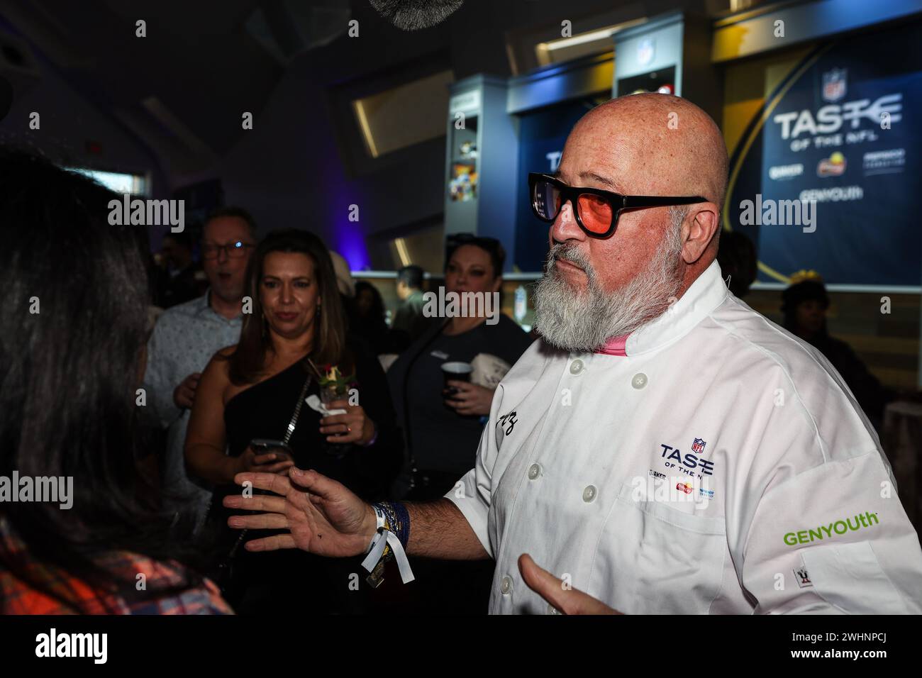 February 10, 2024: Chef Andrew Zimmern speaks with a reporter during ...