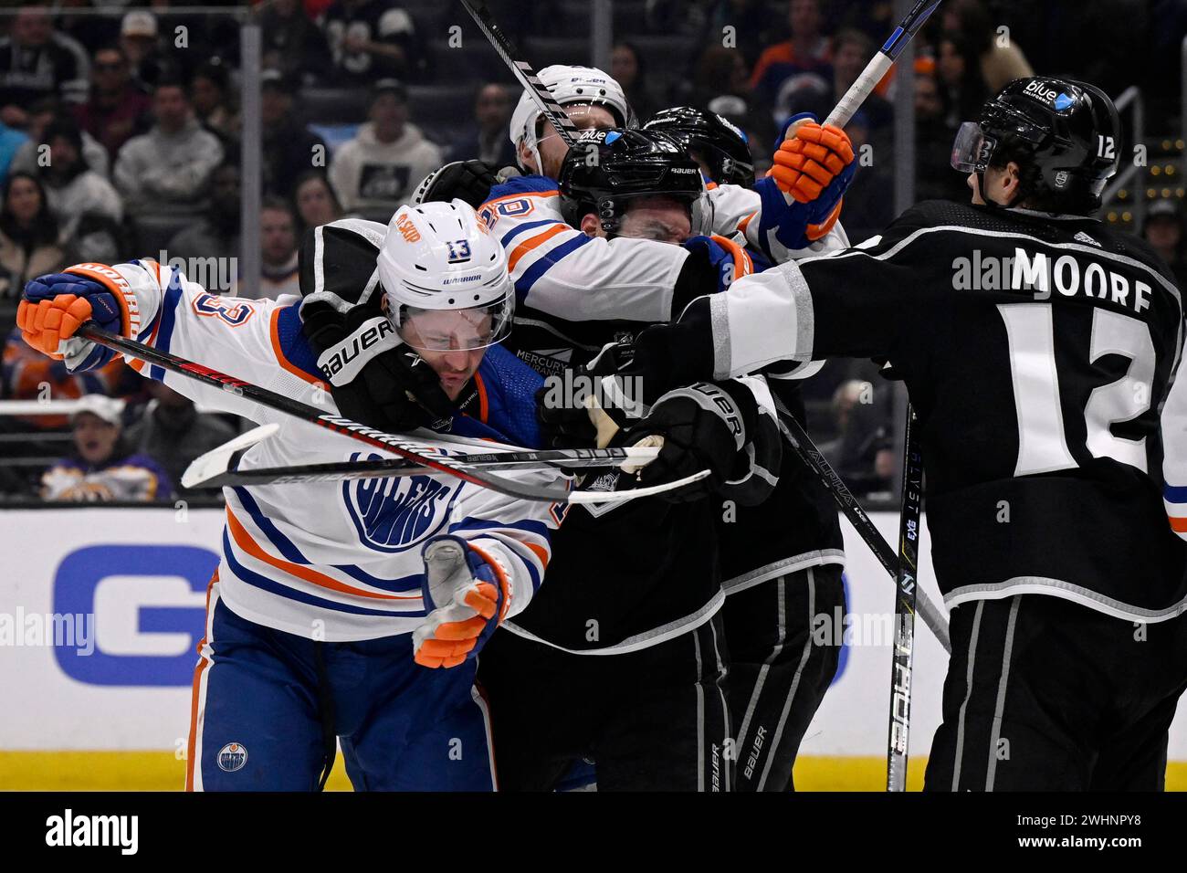 Edmonton Oilers center Mattias Janmark (13) fights with Los Angeles ...