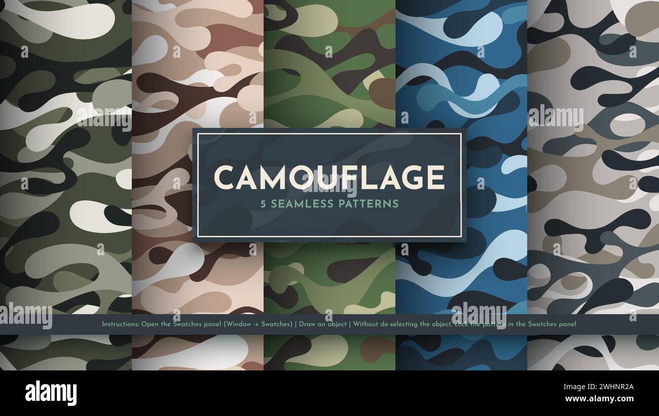 Set 5 Seamless Camouflage Patterns. War Illustration. Traditional ...