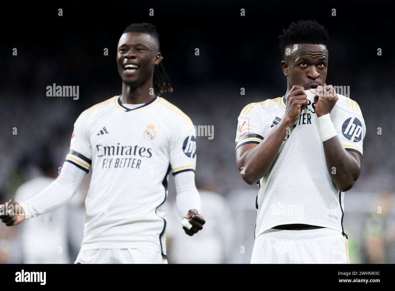 Madrid, Spain. 10th Feb, 2024. Vinicius Jr of Real Madrid and Eduardo Camavinga of Real Madrid ...