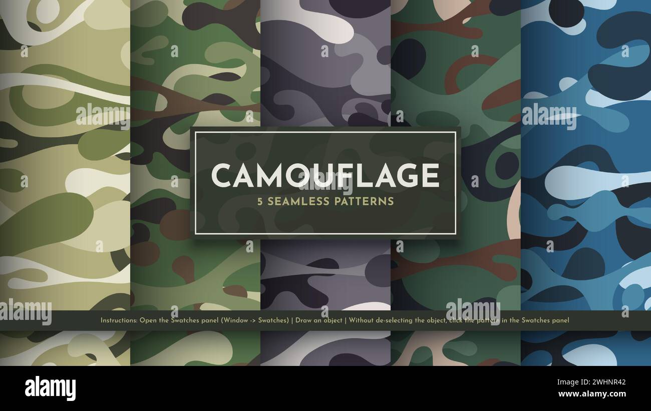 Set 5 Seamless Camouflage Patterns. War Illustration. Traditional ...