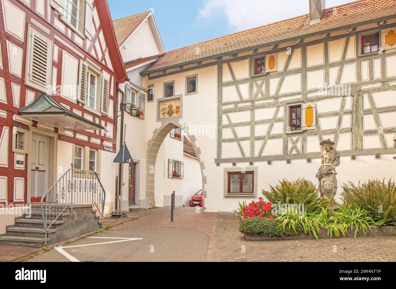 Markdorf upper gate with town soldier, Lake Constance district Stock ...