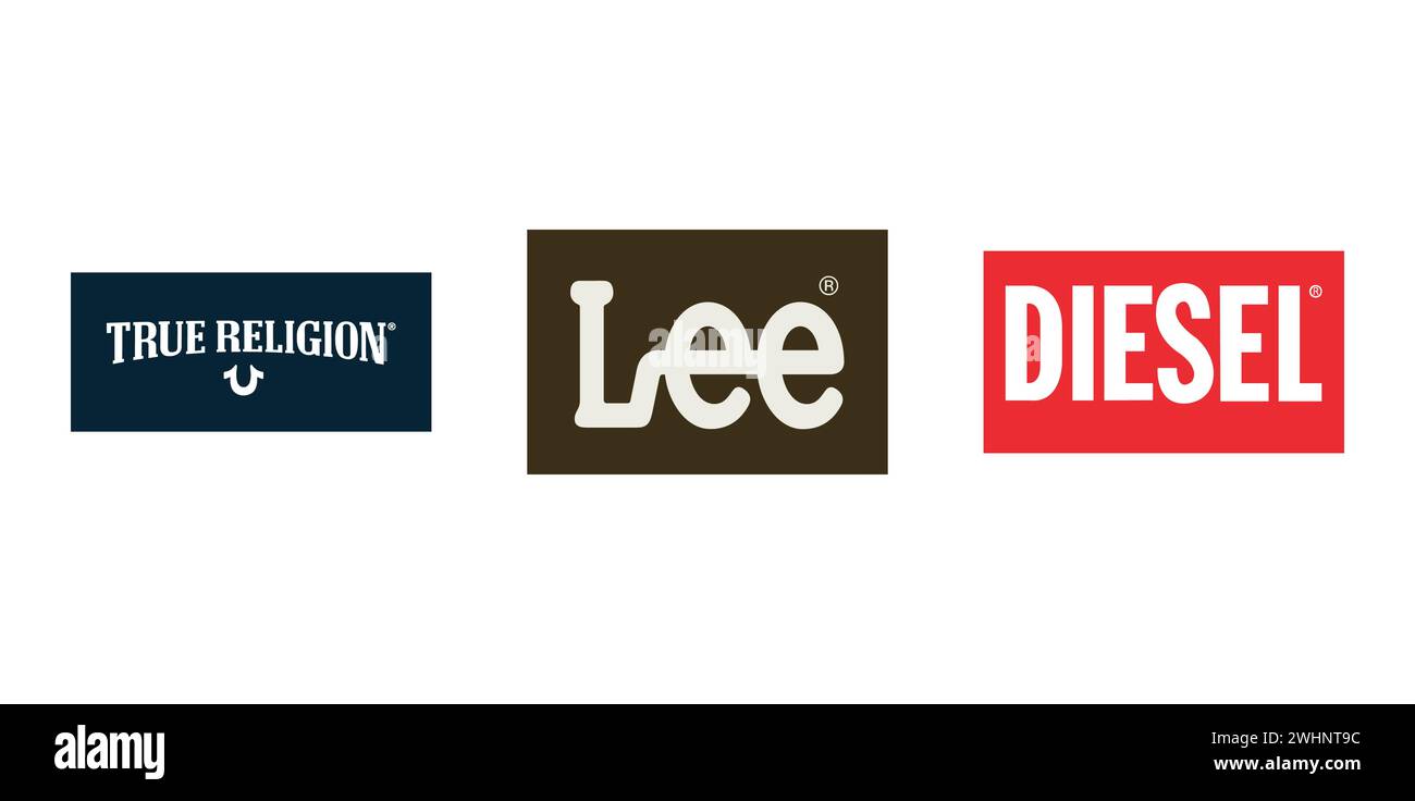 Diesel, True Religion, Lee. Vector illustration, editorial logo Stock ...