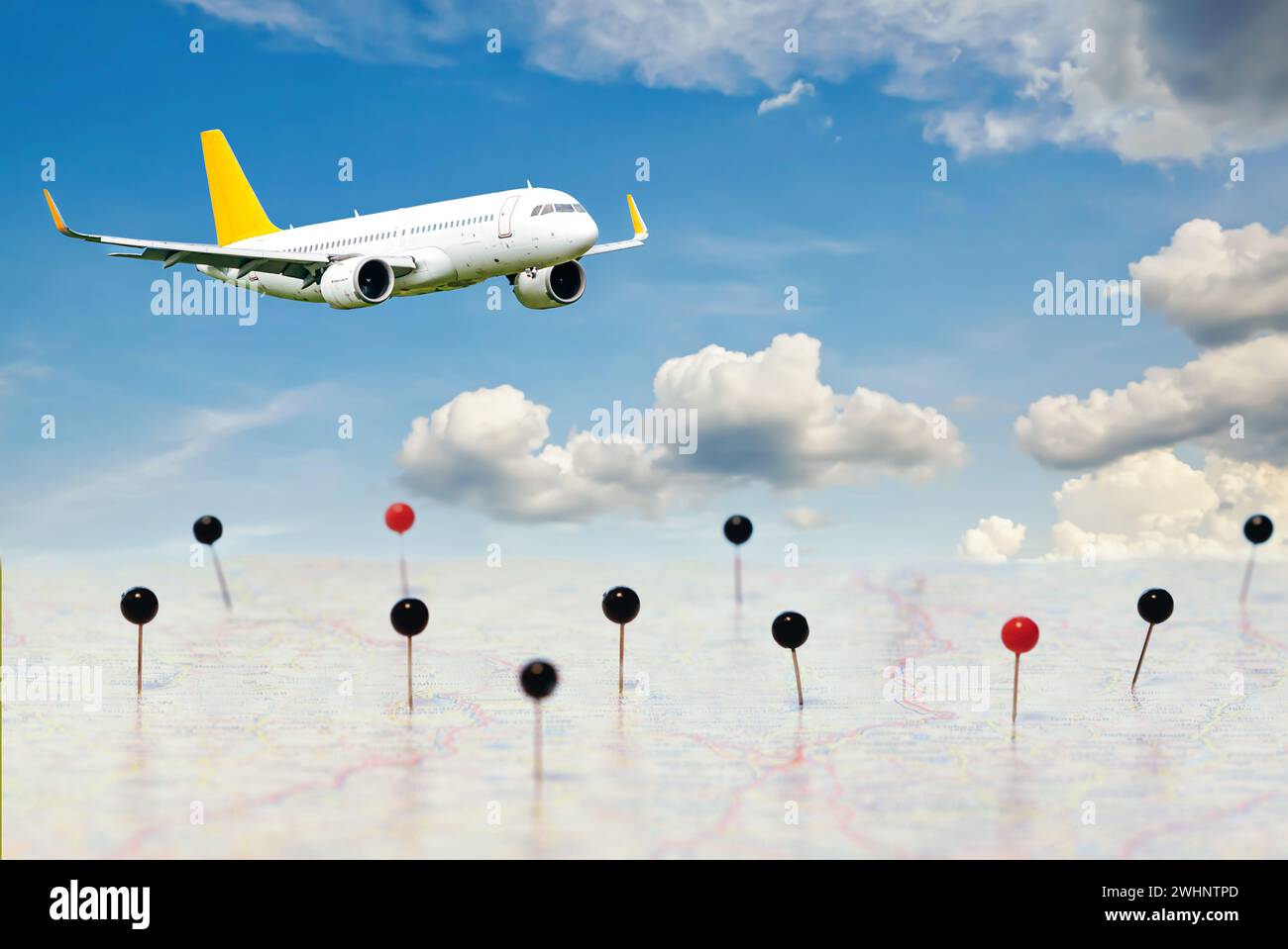 Find your way. Location Pin marking on a routes, Airplane in the blue ...