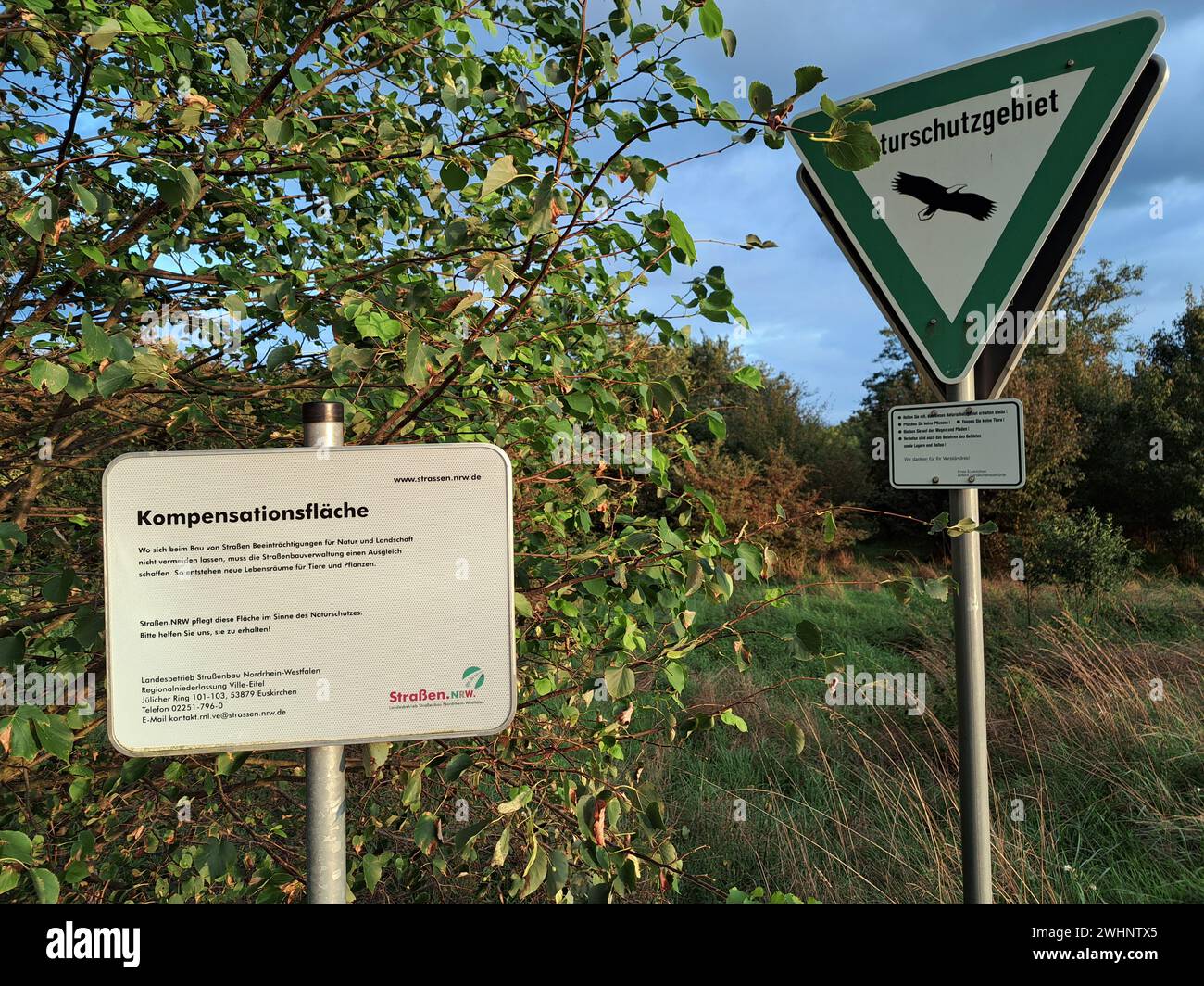 Compensation area and nature reserve signs Stock Photo - Alamy