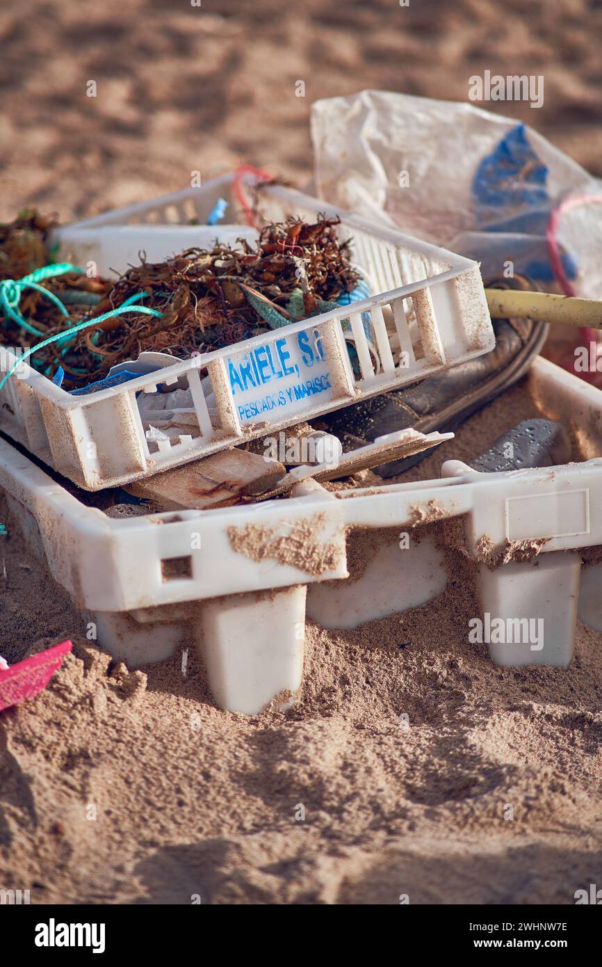 Littered trash at sand beach Stock Photo - Alamy