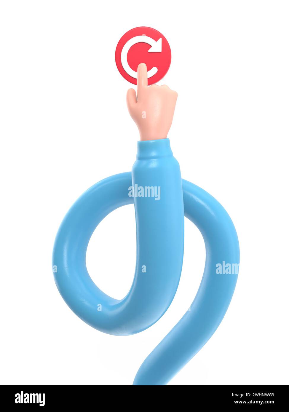 Reboot concept. Restarting technology. Hand to push big red button. 3d ...